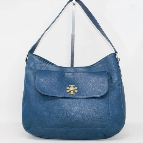 Tory Burch | Bags | Tory Burch Blue Leather Slouchy Front Logo Shoulder Bag | Poshmark